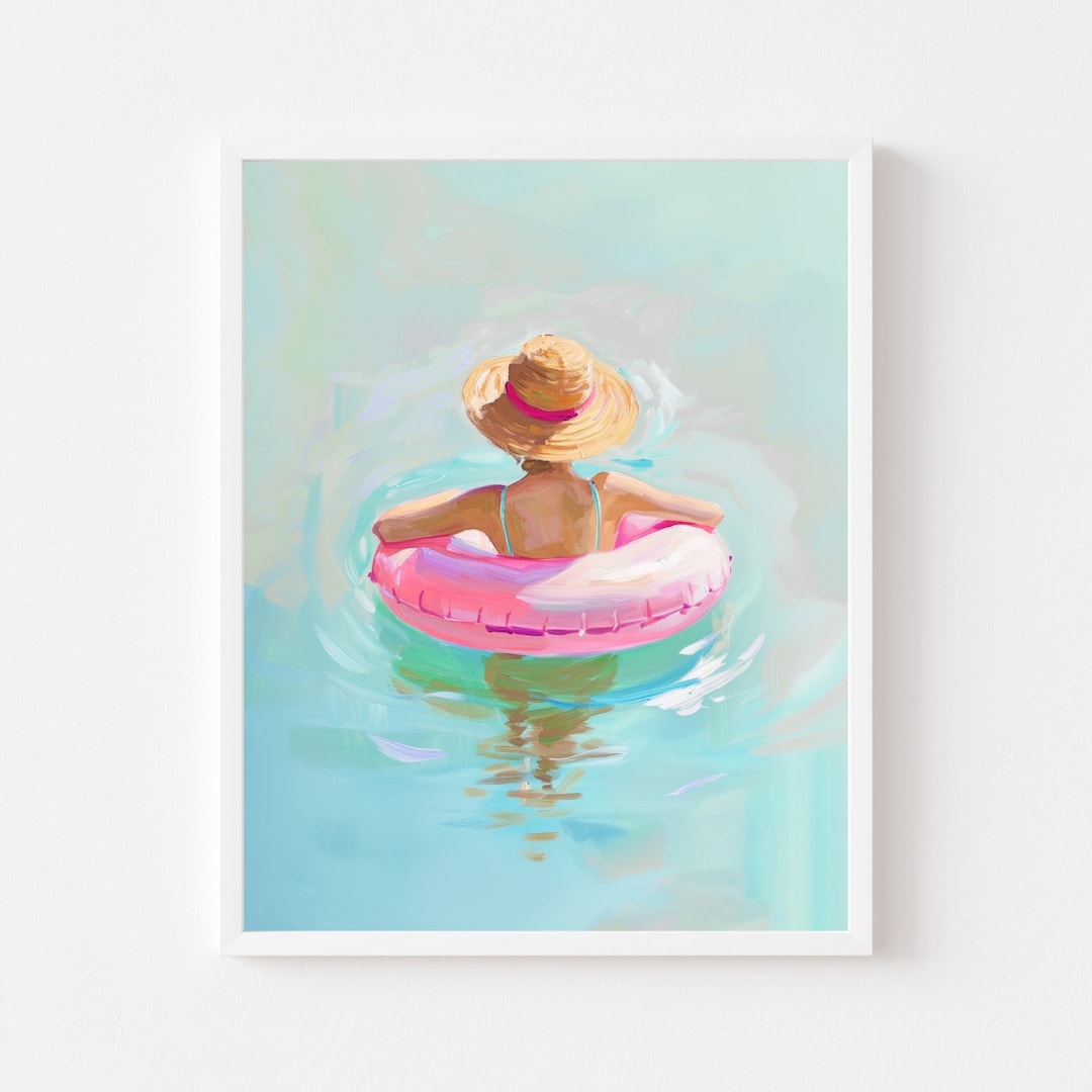 Woman in Pink Inner Tube Painting | Pastel Summer Pool Wall Art Print ...