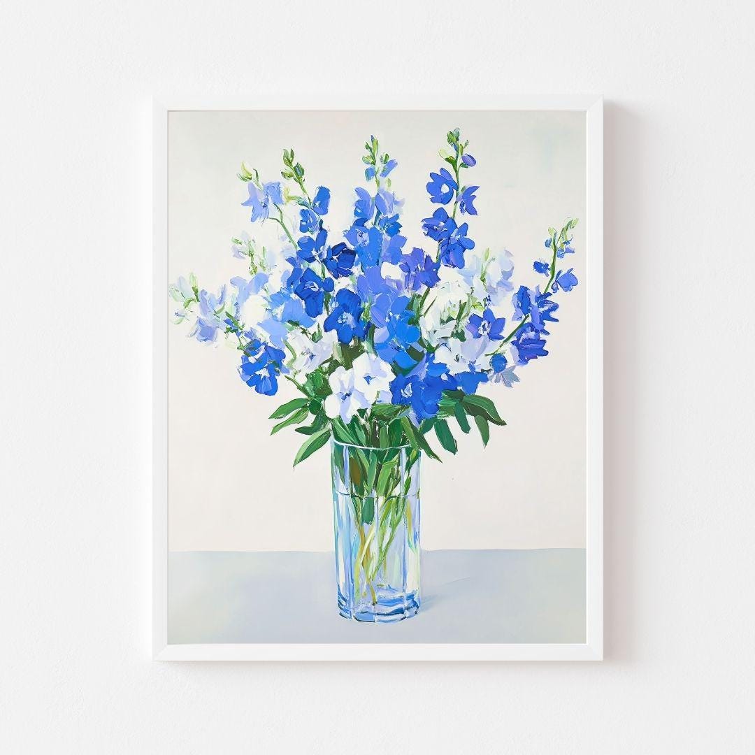 Blue Delphinium Painting | Classic Watercolor Bouquet Wall Art Print ...