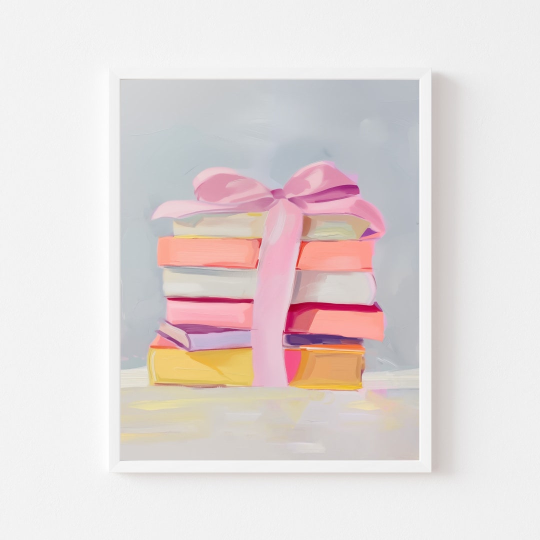 Pastel Book Stack Painting | Pink Reading Nook Wall Art Print ...