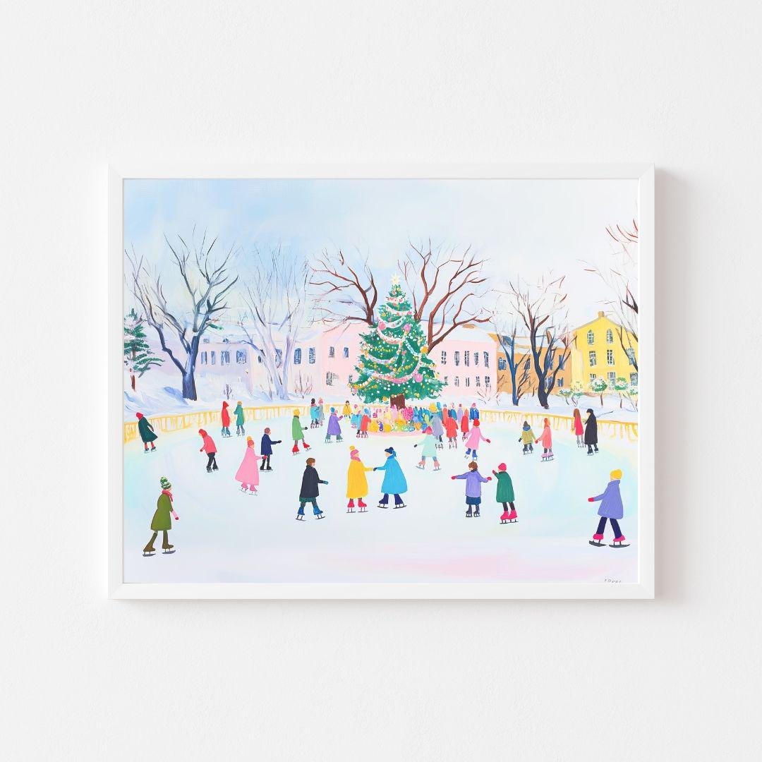 Pastel Christmas Ice Skating Rink Art Print: Holiday Town Scene ...