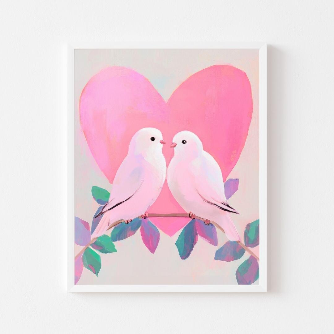 Pink Love Birds and Heart Painting | Valentine's Day Wall Art Print ...