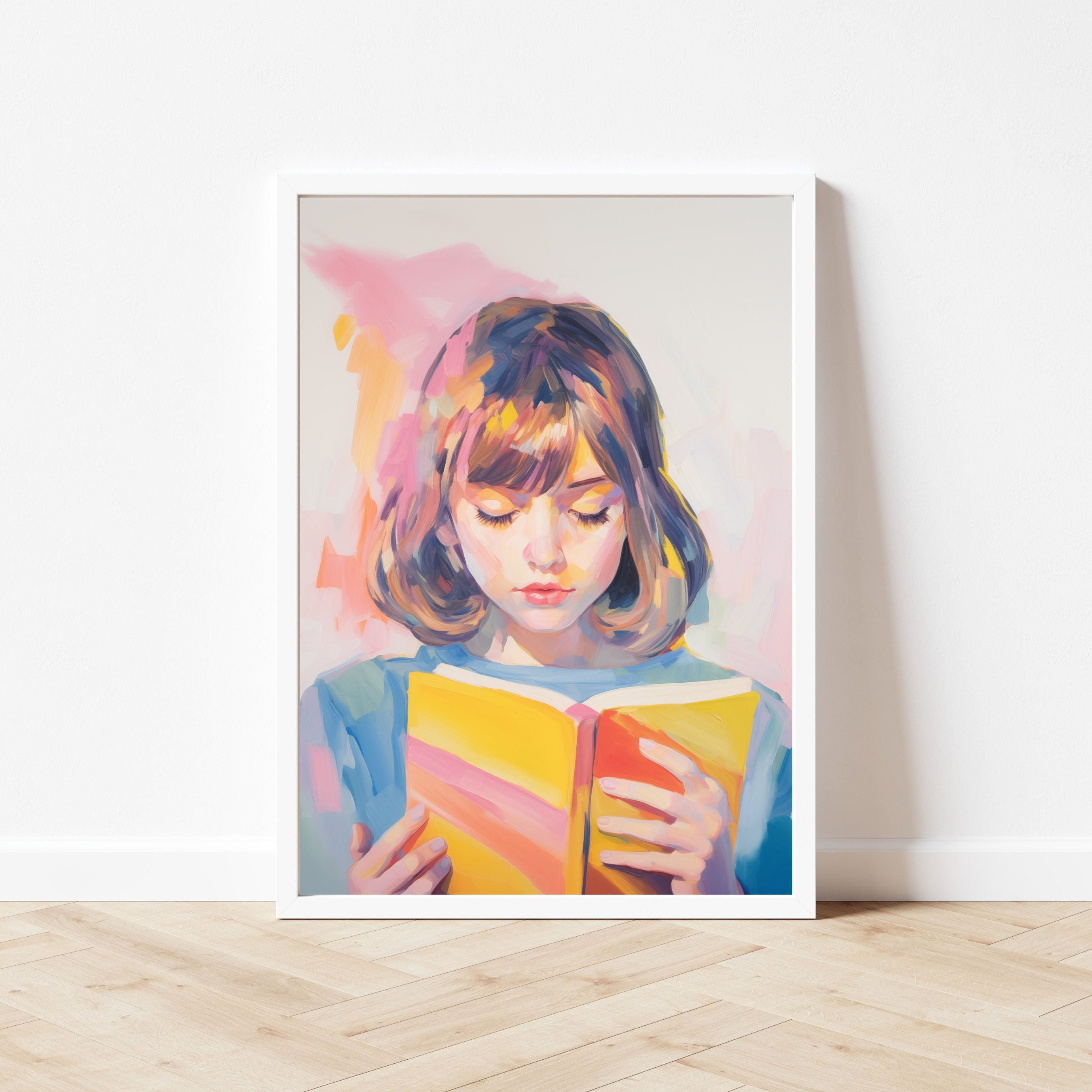 Girl Reading Painting Book Nook Art Print Colorful Kid's Room Printable ...