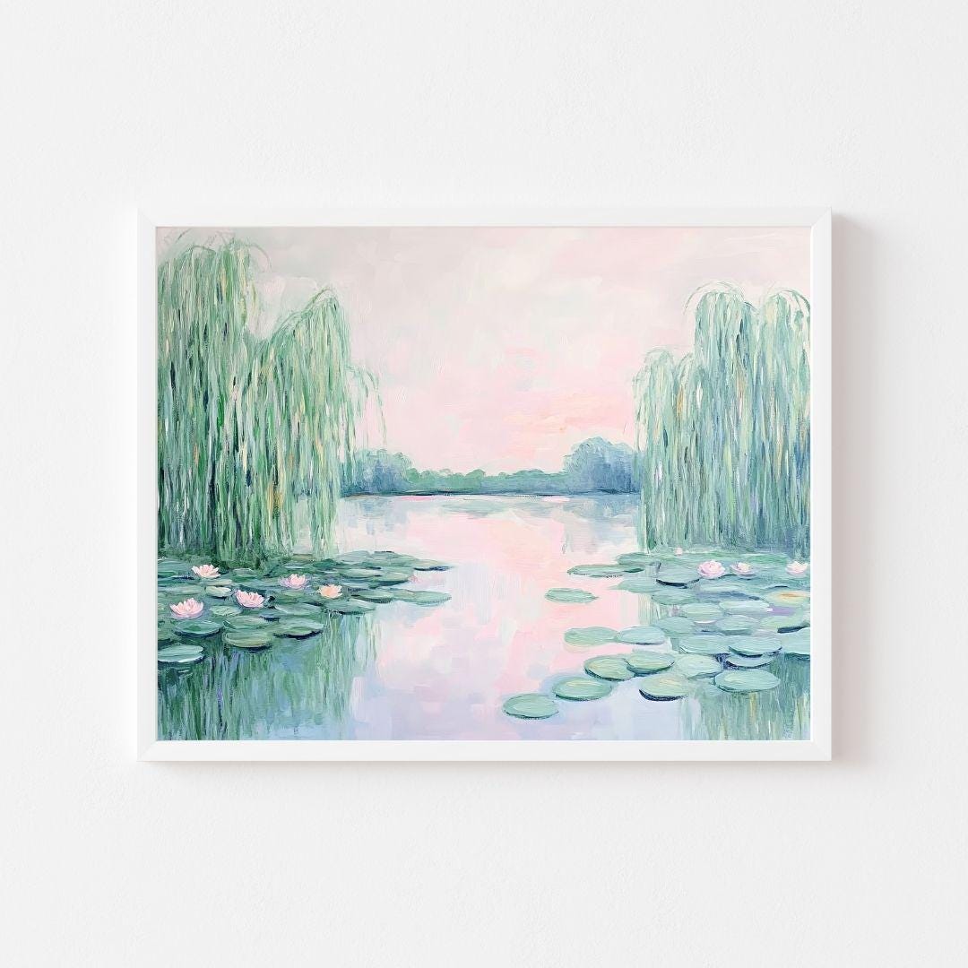 Water Lily Pond Pastel Landscape Art Print: Giverny Willow Tree ...