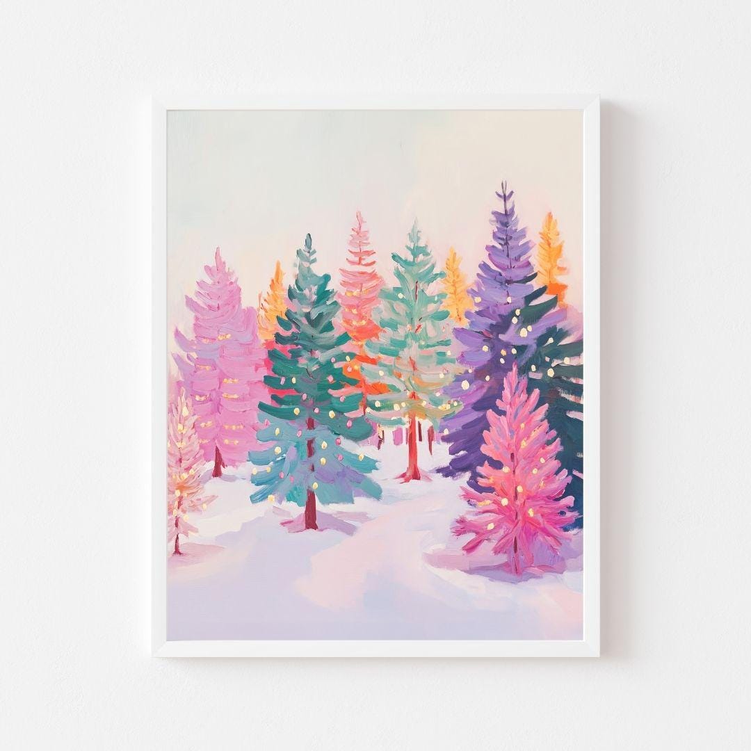 Colorful Christmas Trees Painting | Pastel Winter Landscape Wall Art ...