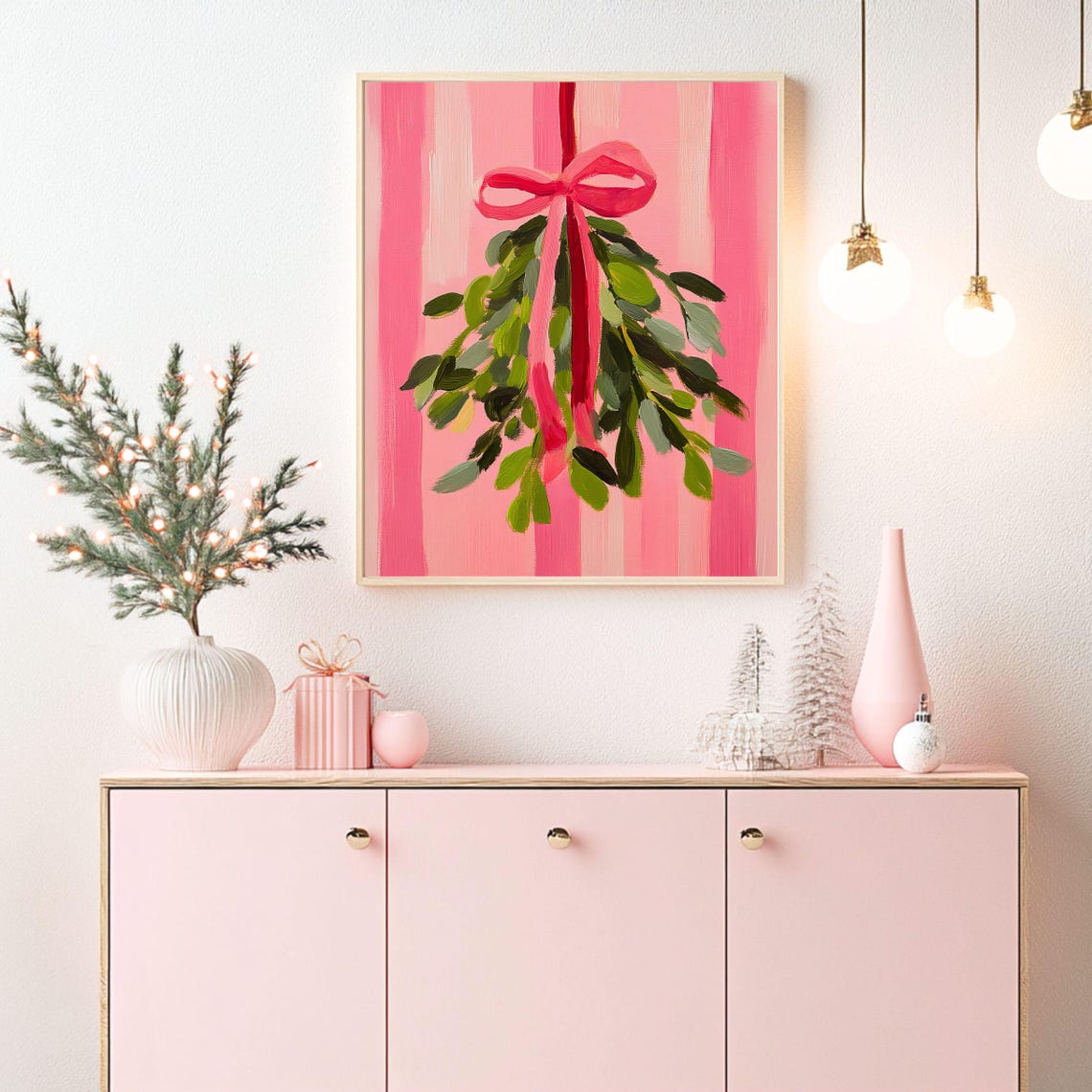 Mistletoe Christmas Print: Pink Stripes, Red Bow (digital Download) - Etsy