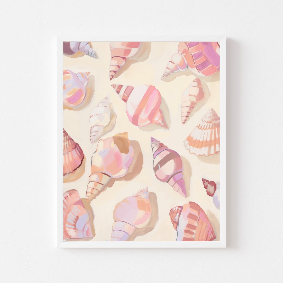 Pastel Pink Seashell Painting | Coastal Beach House Watercolor Wall Art ...