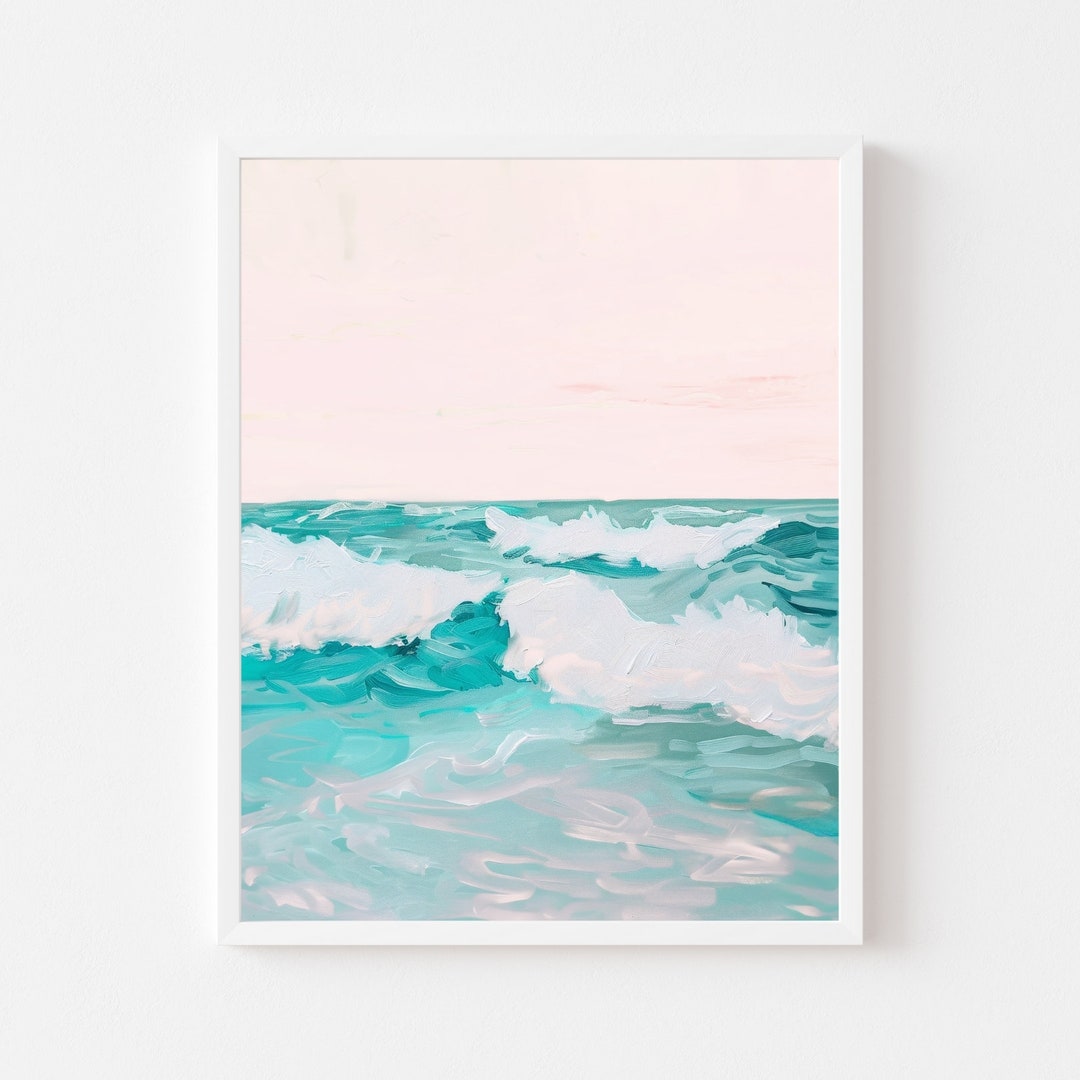 Pastel Ocean Waves Print: Pink Sky Coastal Seascape (digital Download ...