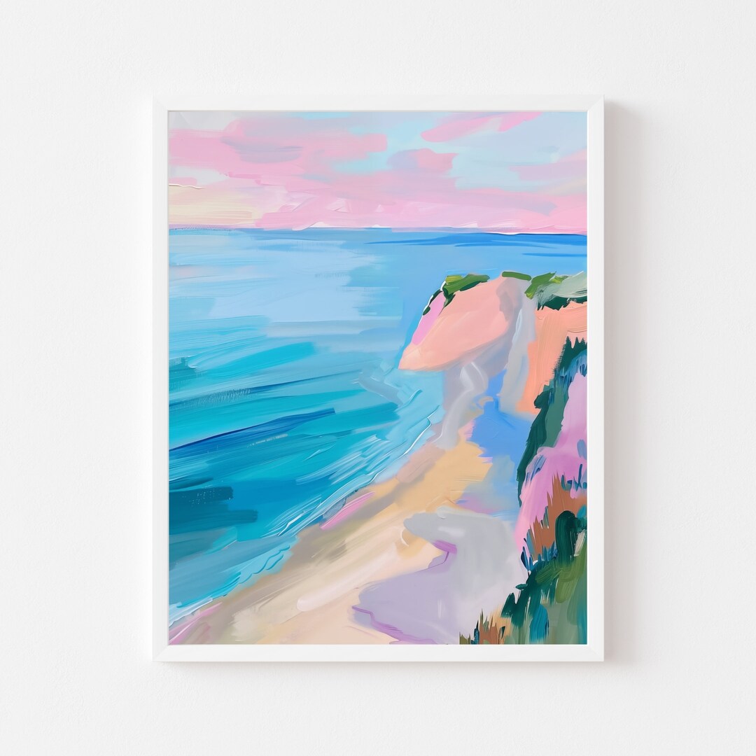 Coastal Cliff Art Print: Abstract Ocean Seascape, Pastel Colors ...