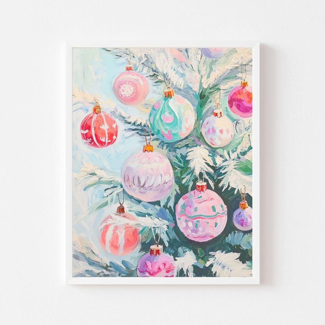 Vintage Christmas Ornaments Painting: Retro Holiday Tree Art (digital ...