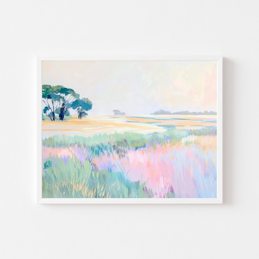 Pastel Landscape Painting: Pink Field Impressionist Art (digital ...