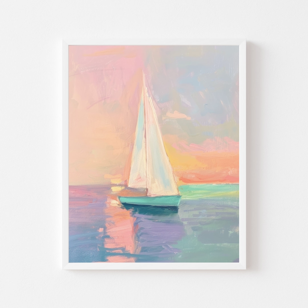 Colorful Sailboat Sunset Painting | Coastal Summer Boat Wall Art Print ...