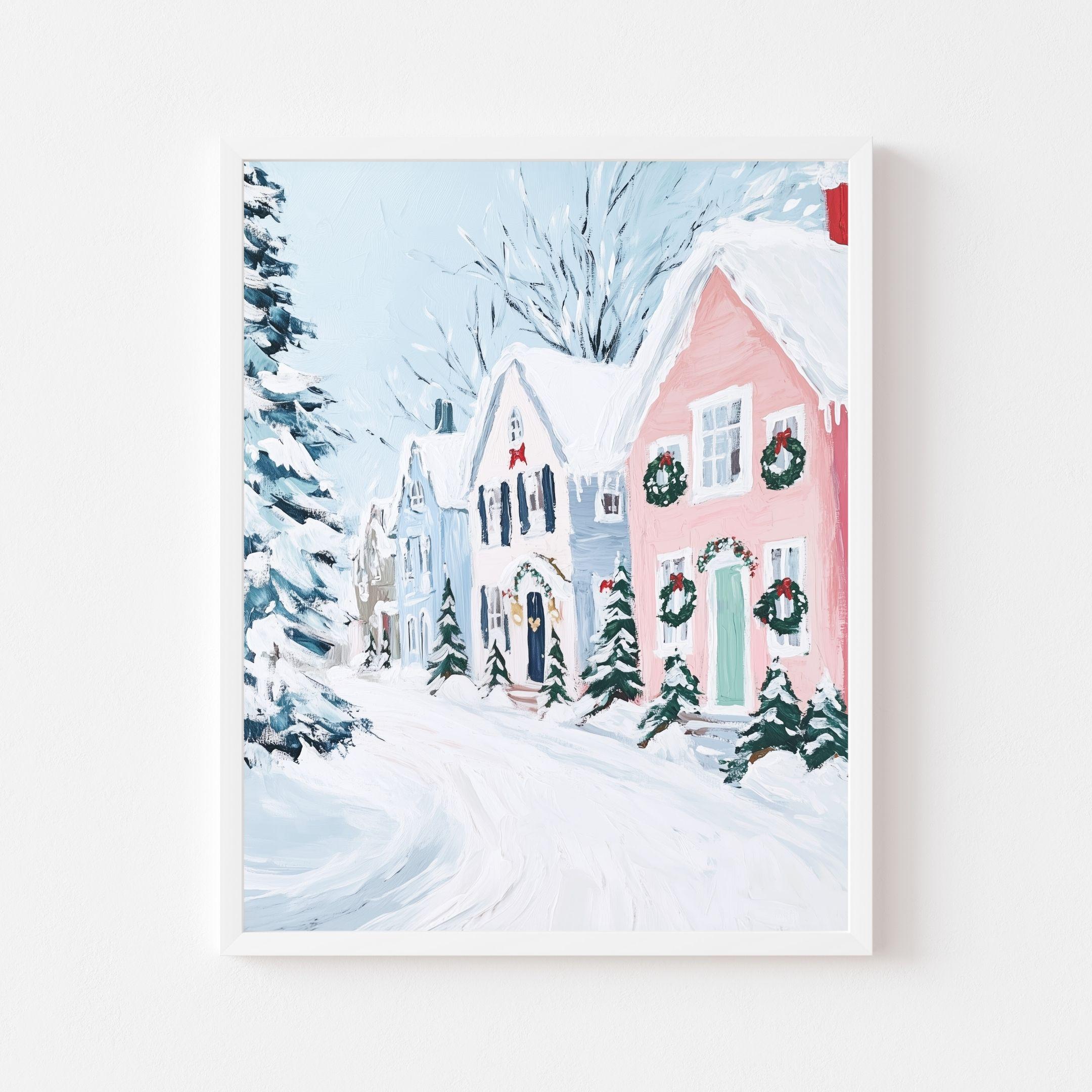 Snowy Pastel Christmas Village Wall Art: Festive Winter Holiday Houses ...