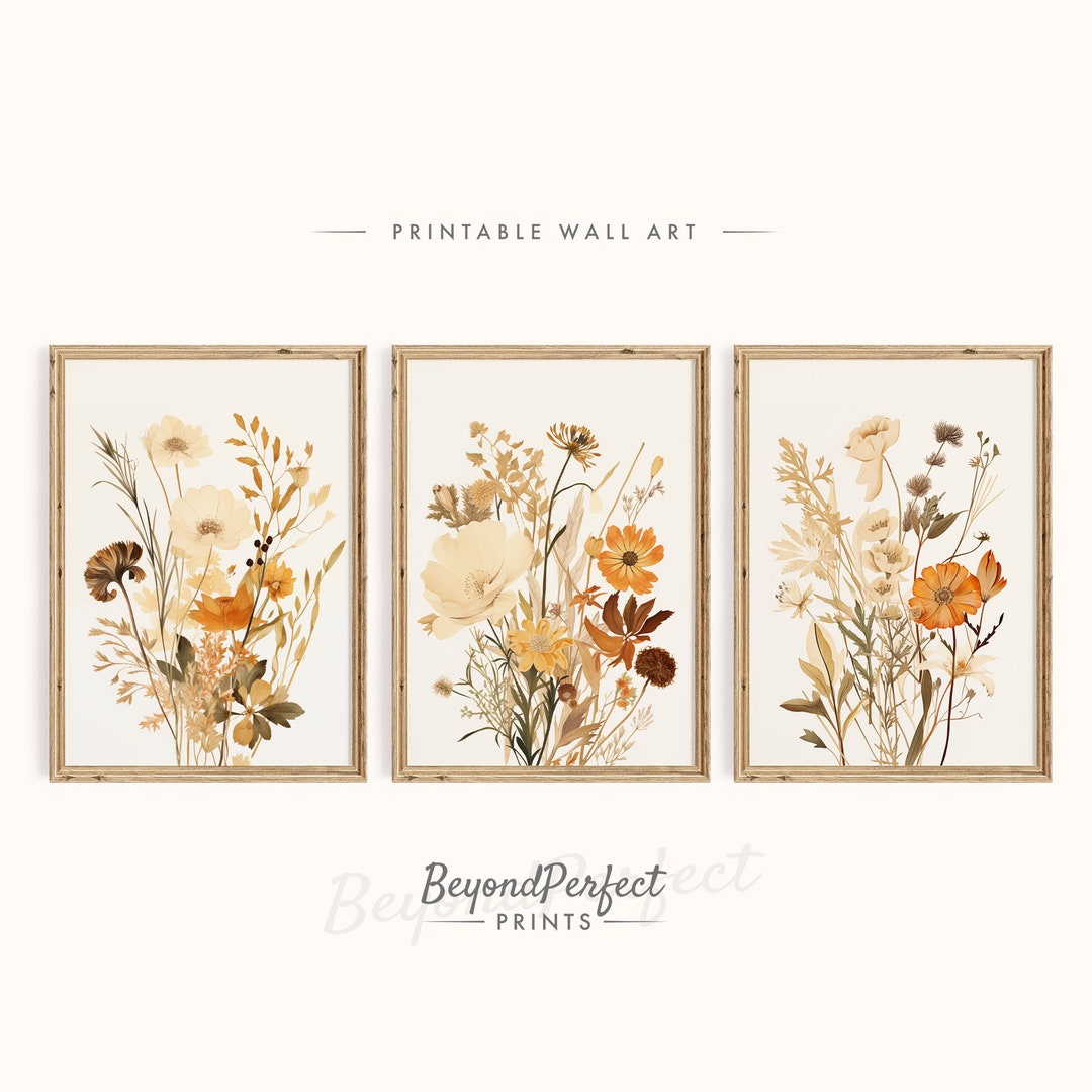 Boho Watercolor Wildflower Prints Set of 3, Minimalist Boho Wall Decor ...