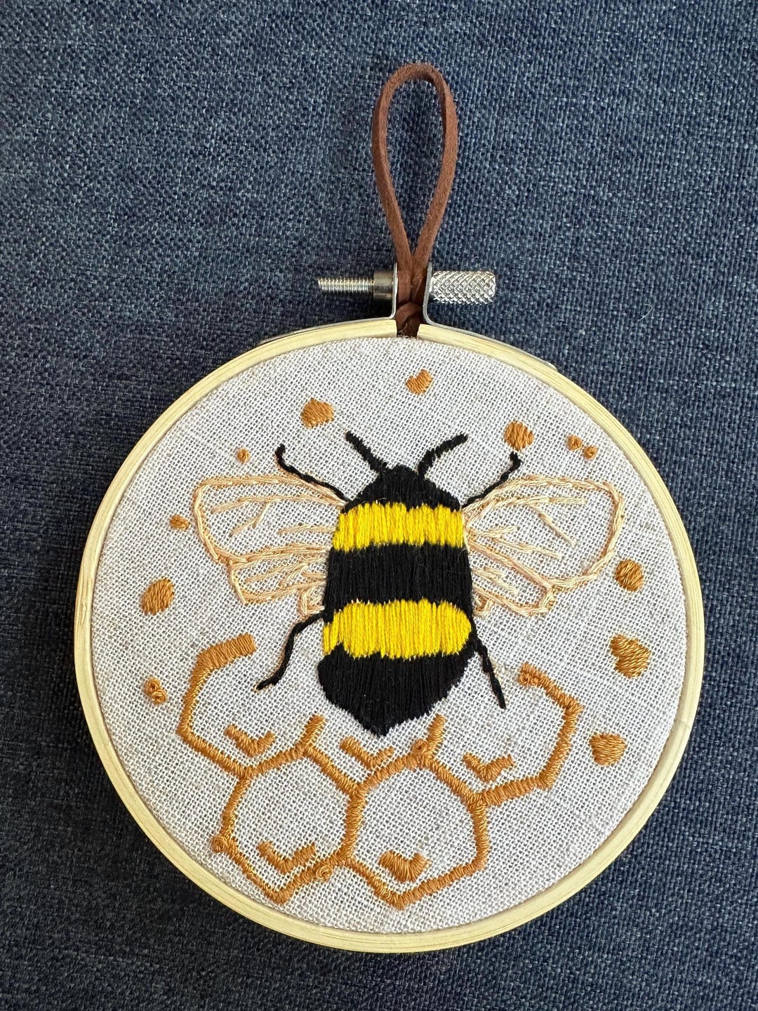 Bee and Honeycomb 4 Inch Hand Embroidery in Wooden Hoop With Faux ...