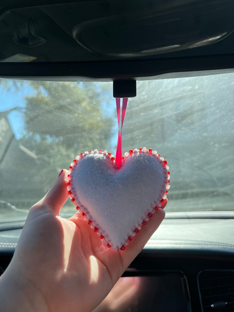 Handmade Beaded Pink Heart Car Charm Hanging Car Decoration Valentine's ...