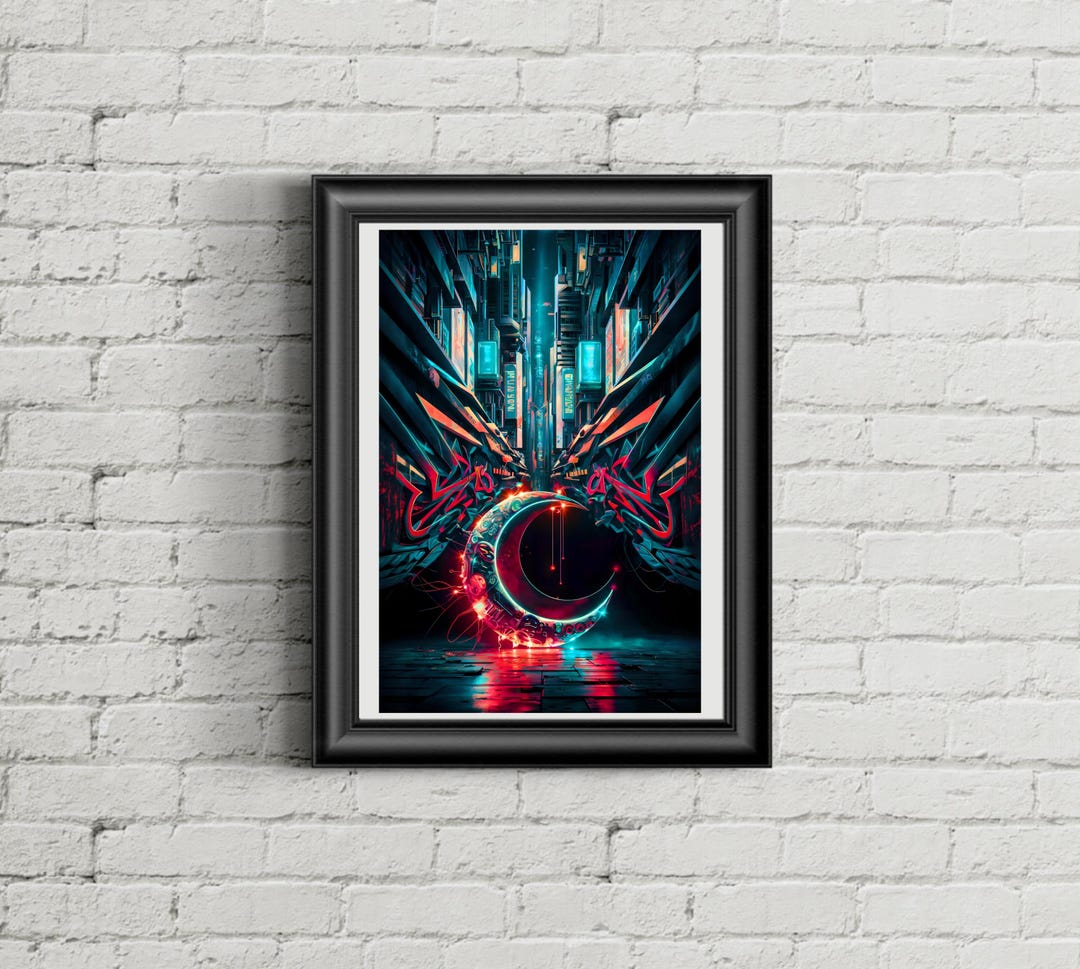 Cyberpunk Neon Crescent Moon Wall Art – Futuristic Sci-fi Cityscape ...