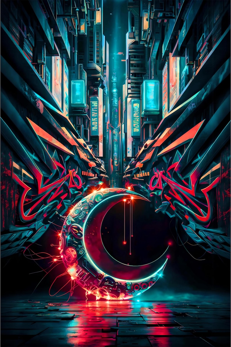 Cyberpunk Neon Crescent Moon Wall Art – Futuristic Sci-fi Cityscape ...