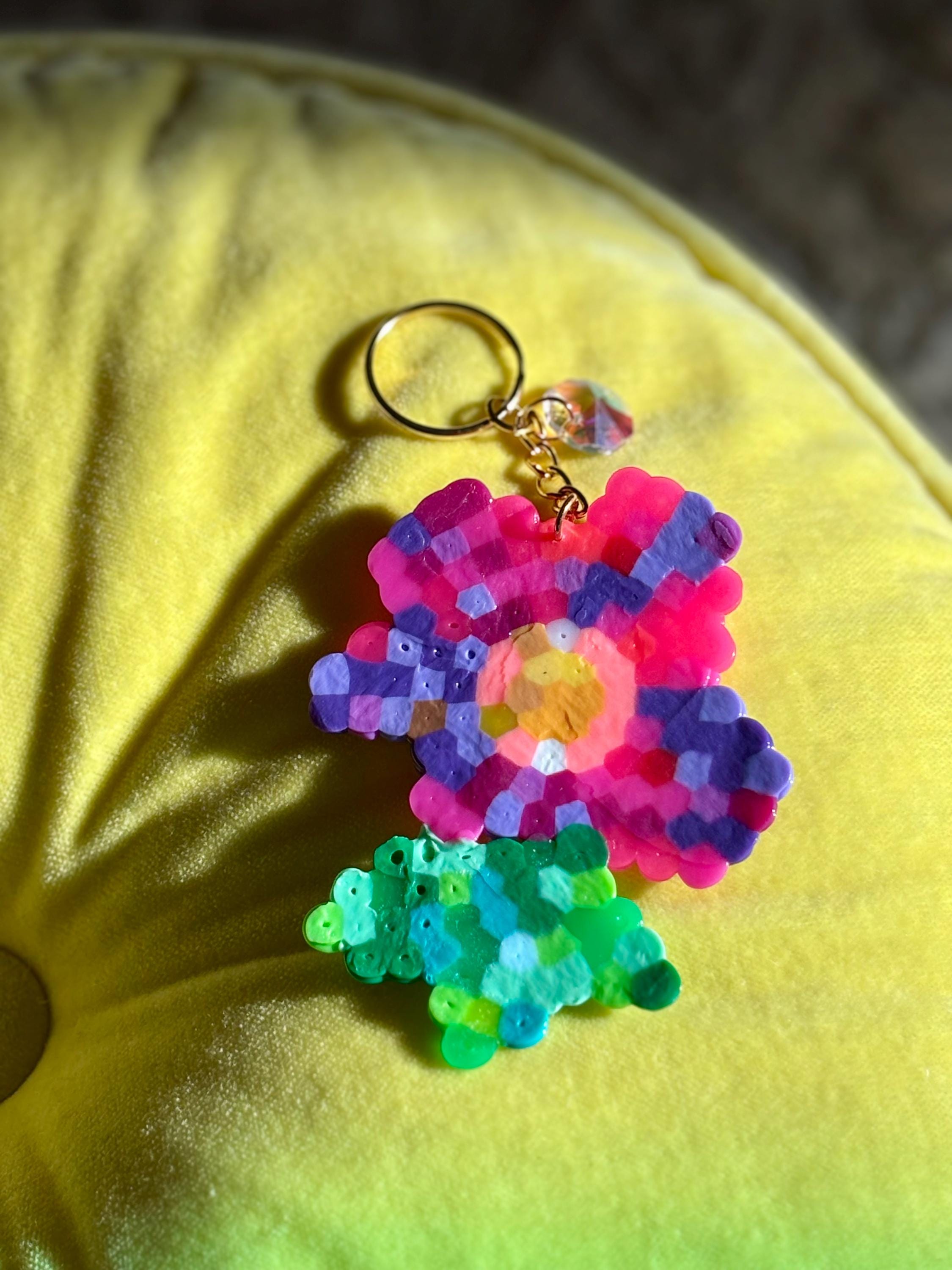 Retro Pixel Art Style Perler Bead Keychain, Melty Bead, Flower Charm ...