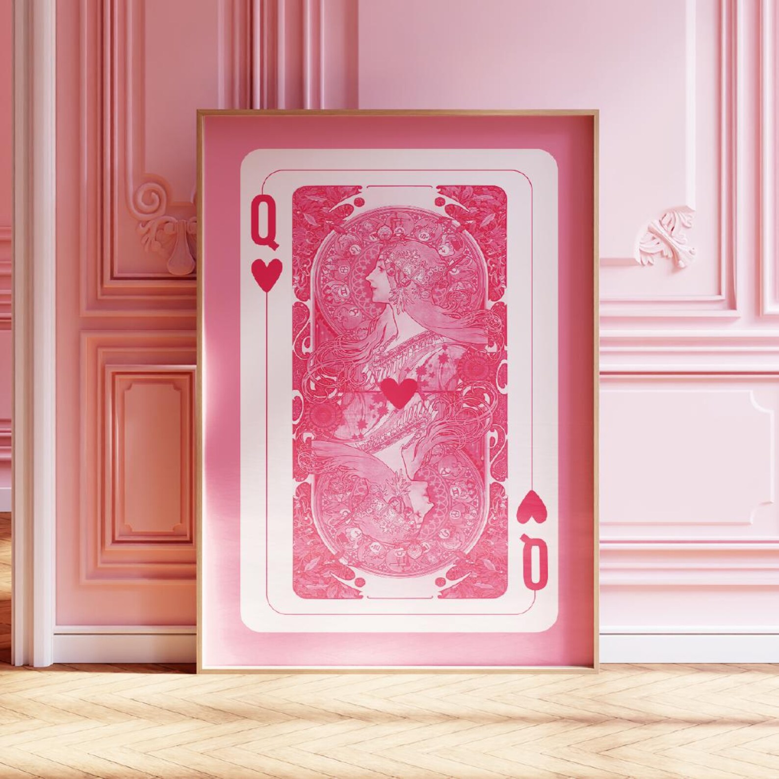 Queen of Hearts Playing Card Print Art Nouveau, Pink and Red Preppy ...