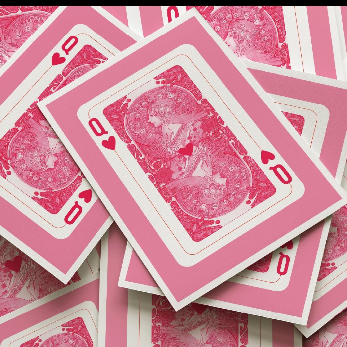 Queen of Hearts Playing Card Print Art Nouveau, Pink and Red Preppy ...
