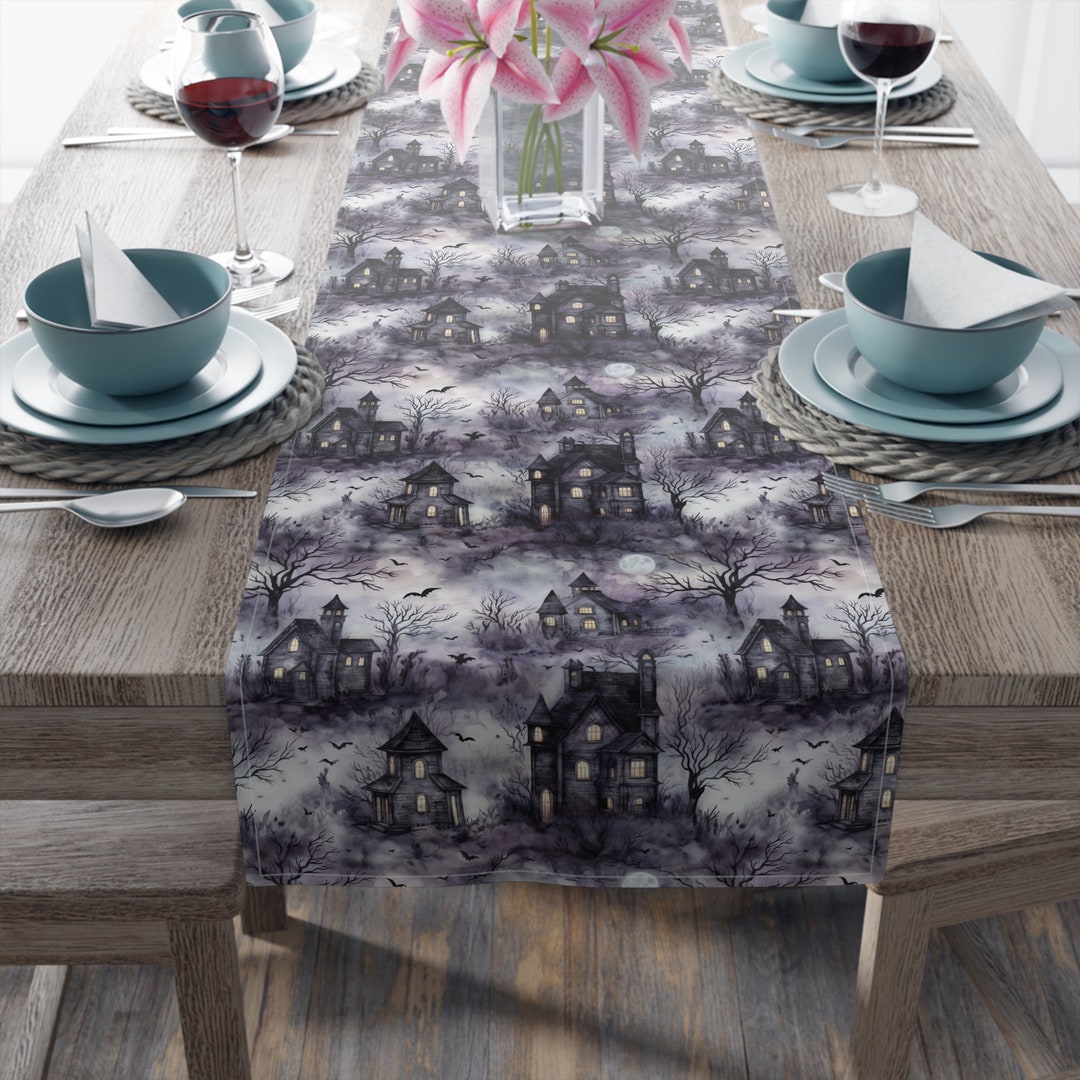Halloween Table Runner, Haunted House Black Table Runner, Spooky Table ...