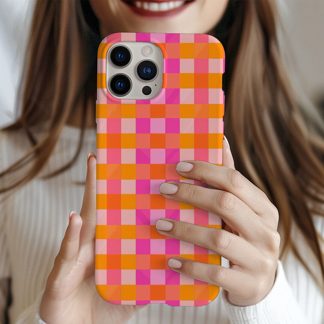 Preppy Plaid Phone Case, Groovy Pink & Orange Plaid Phone Case, iPhone ...