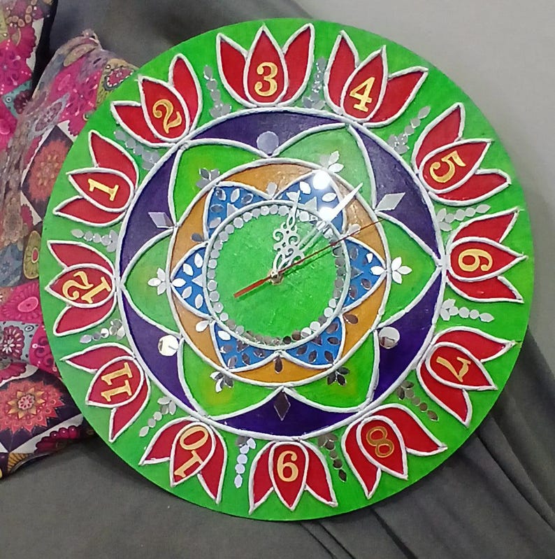 16 Inch Lippan Art Wall Clock || Lotus Flower Traditional Indian Folk ...