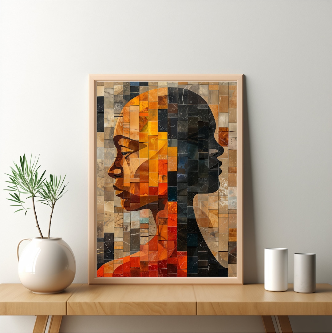 Iconic Silhouette: Digital Print Person's Head on Mosaic Wall, Earthy ...