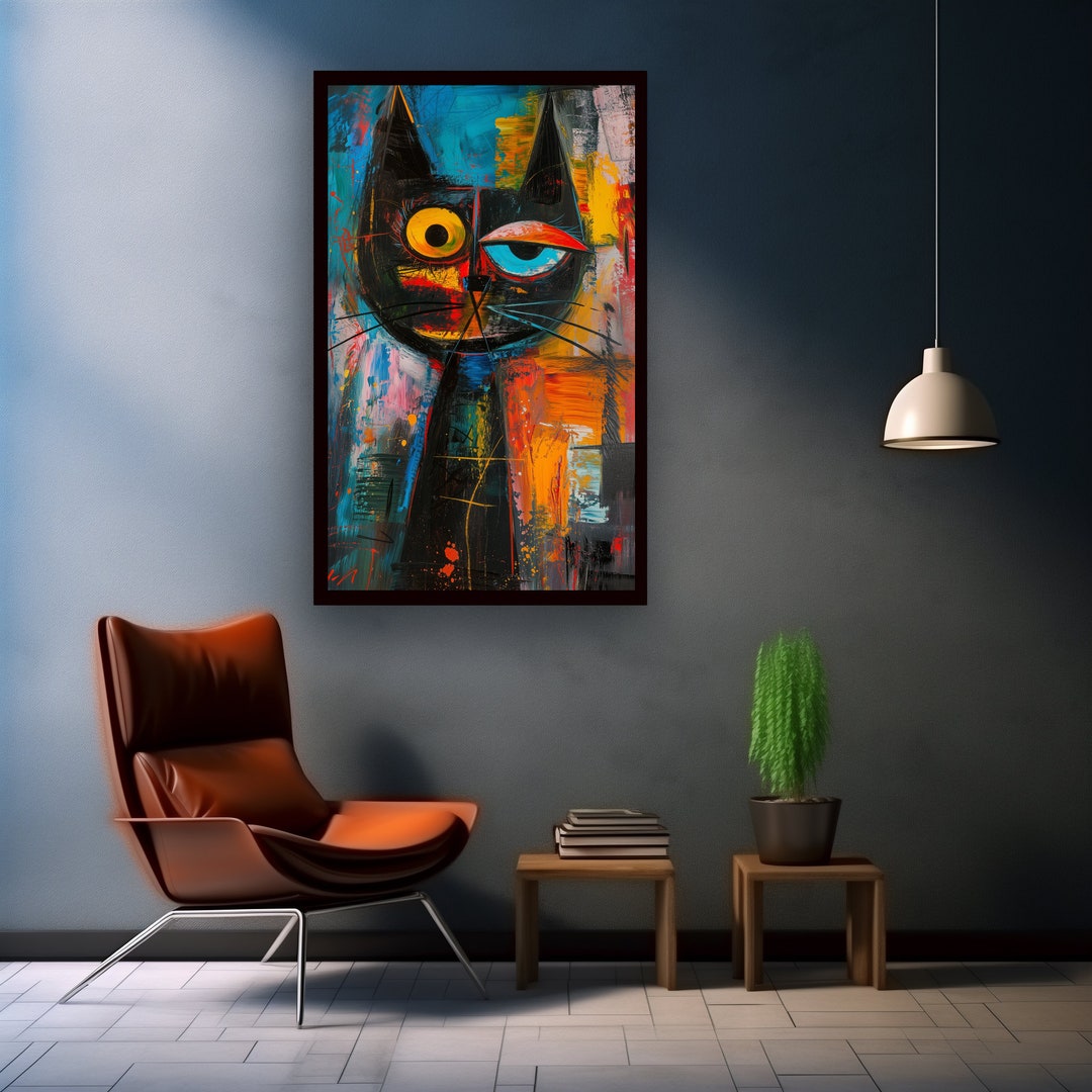 Whimsical Feline Harmony: Black Cat and Abstract Eyes Colorful ...
