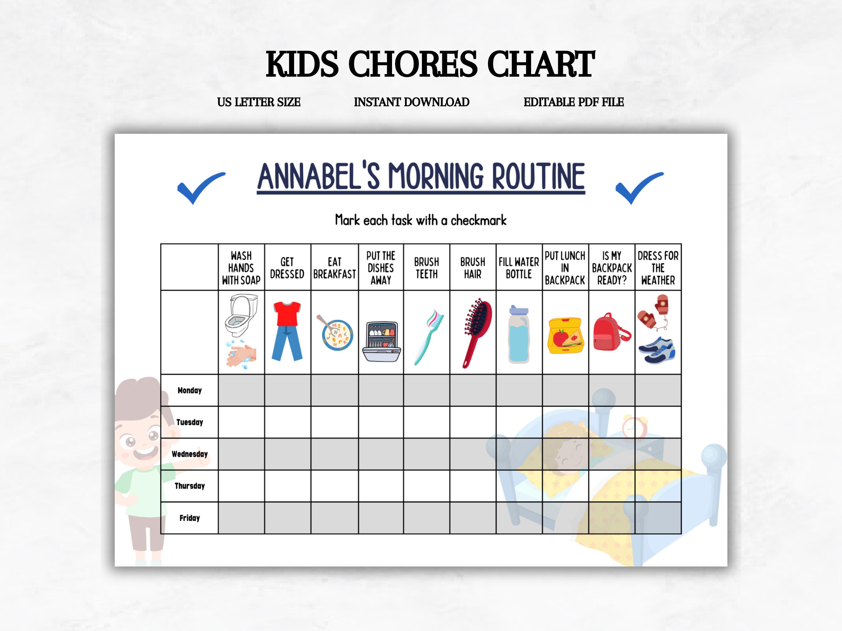 Editable Kid's Chore Chart Canva Template: Instant Download (PDF File ...