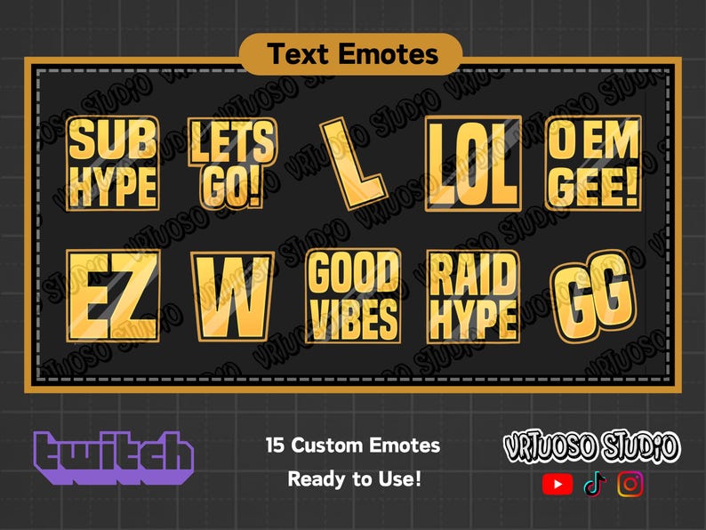 Custom Gold Text Emotes for Twitch/custom Emotes Pack/15 Emote Bundle ...