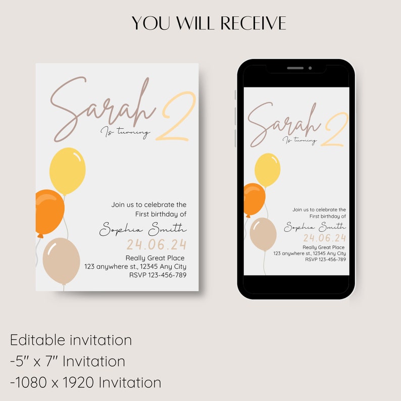 Ballons Two Birthday Invitation Template | 2nd Birthday| Kids Yellow ...