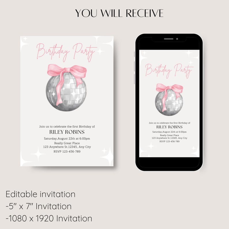 Pink Ribbon Minimal Birthday Invitation Template Coquette First ...