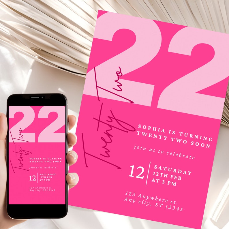 22th Minimal Birthday Invitation, Fancy Pink, Twenties Invitation ...
