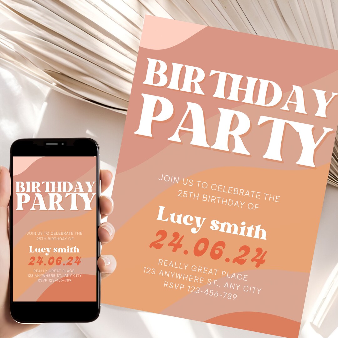 Colorful 25th Birthday Invitation Template, Party Invite 70's Retro ...