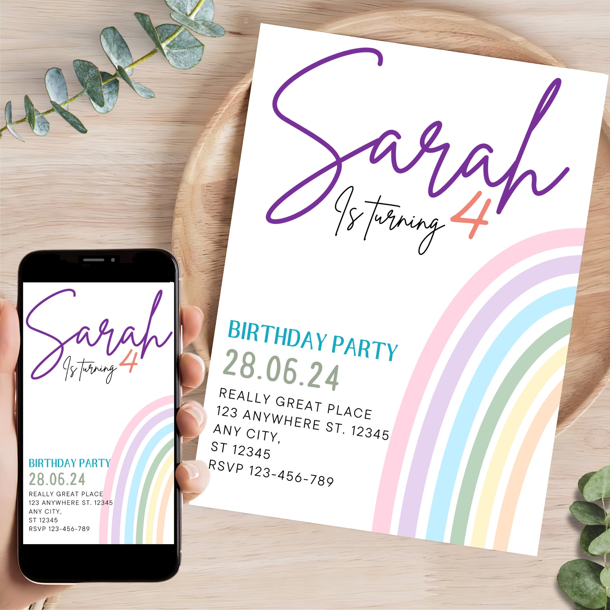 Rainbow Cute Birthday Invitation Template | Four Birthdays | Minimal ...