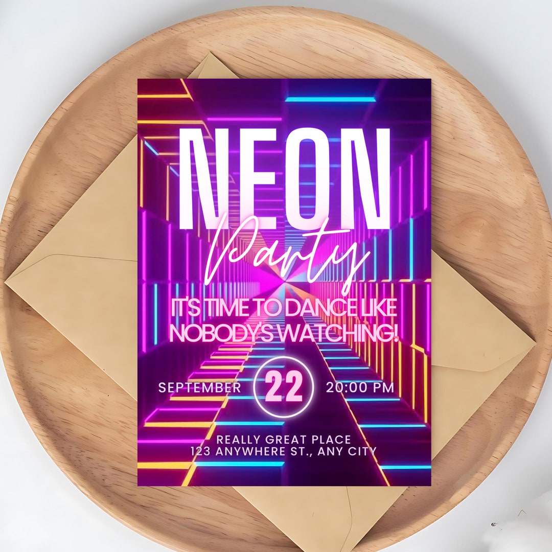 Neon Lights Birthday Invitation Template,glow Party, Glow in the Dark ...