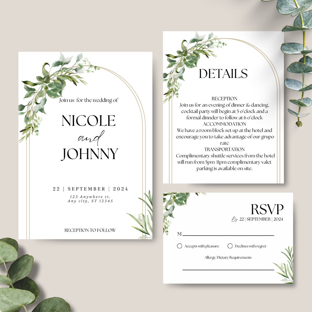 Greenery Leaf Wedding Invitation Template Set, Wildflower, Boho, Floral: Editable, Digital ...