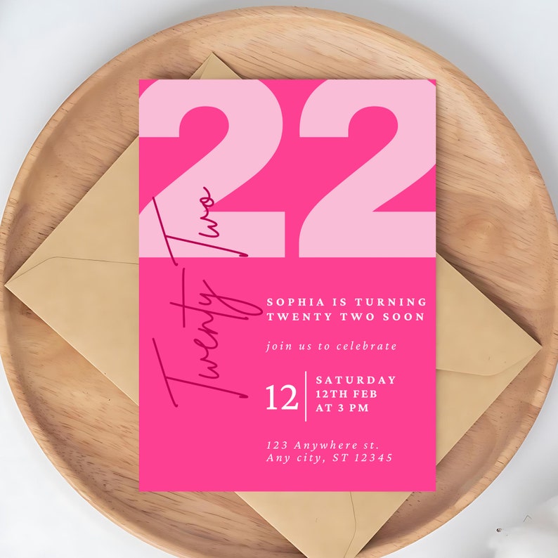 22th Minimal Birthday Invitation, Fancy Pink, Twenties Invitation ...