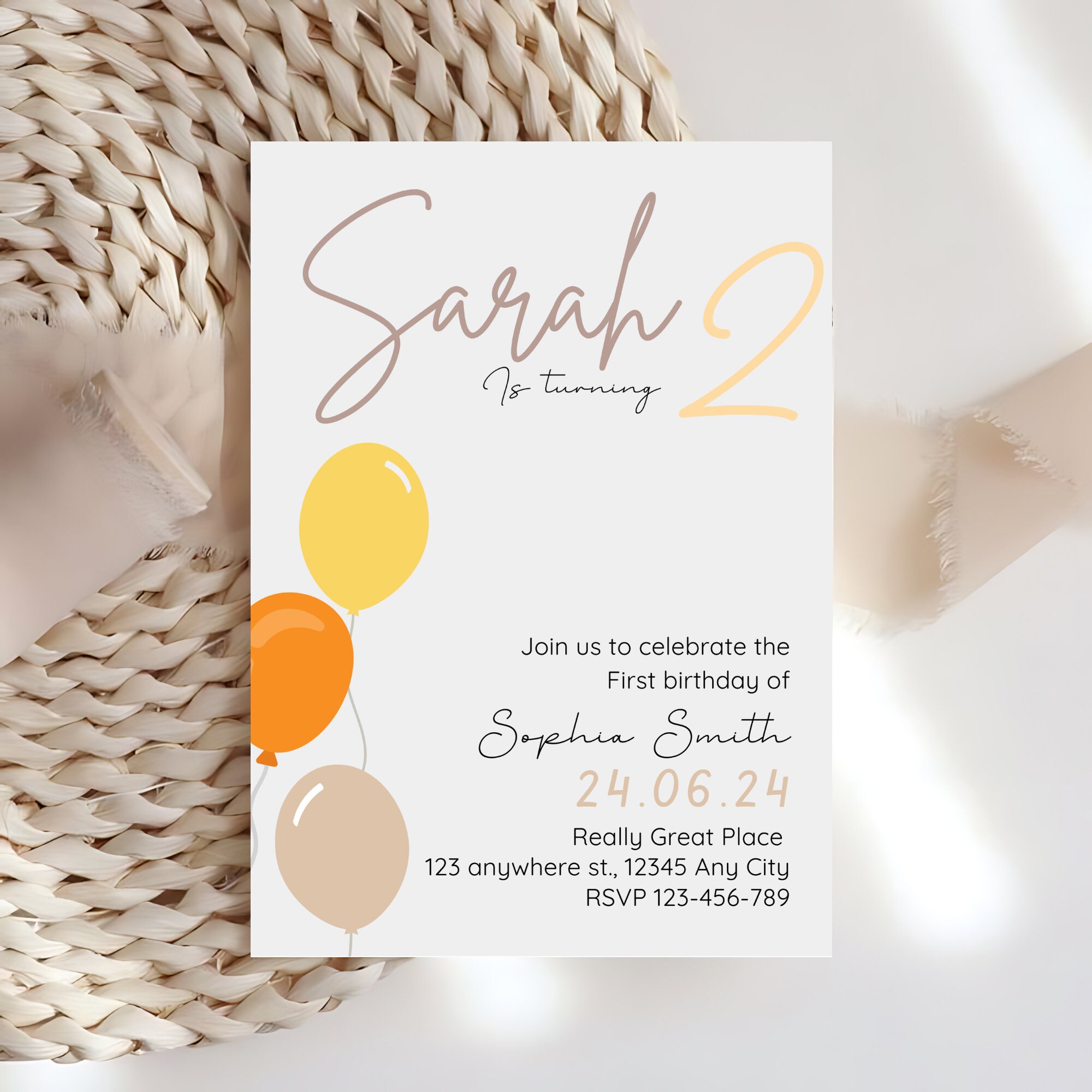 Ballons Two Birthday Invitation Template | 2nd Birthday| Kids Yellow ...