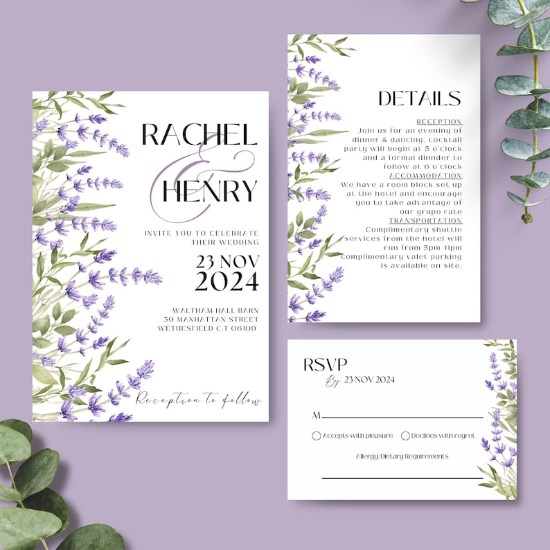 Lavender Floral Wedding Invitation Template Set, Wildflower, Boho ...