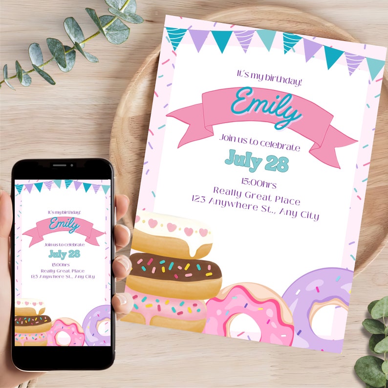 Donuts Sweet Birthday Invitation Template | Donut Party | Kids Minimal ...
