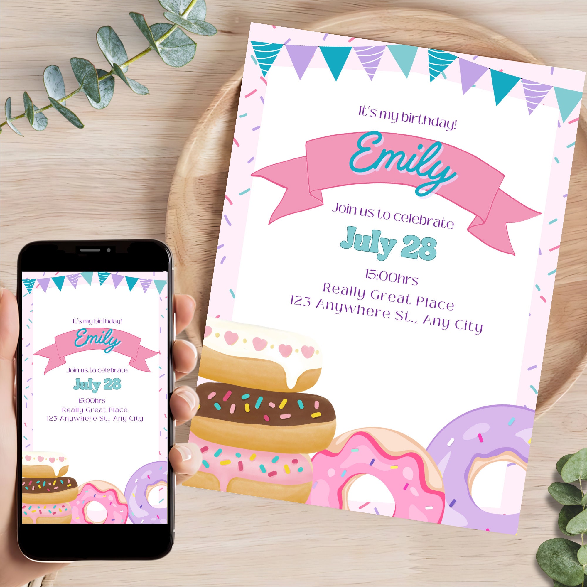 Donuts Sweet Birthday Invitation Template | Donut Party | Kids Minimal ...