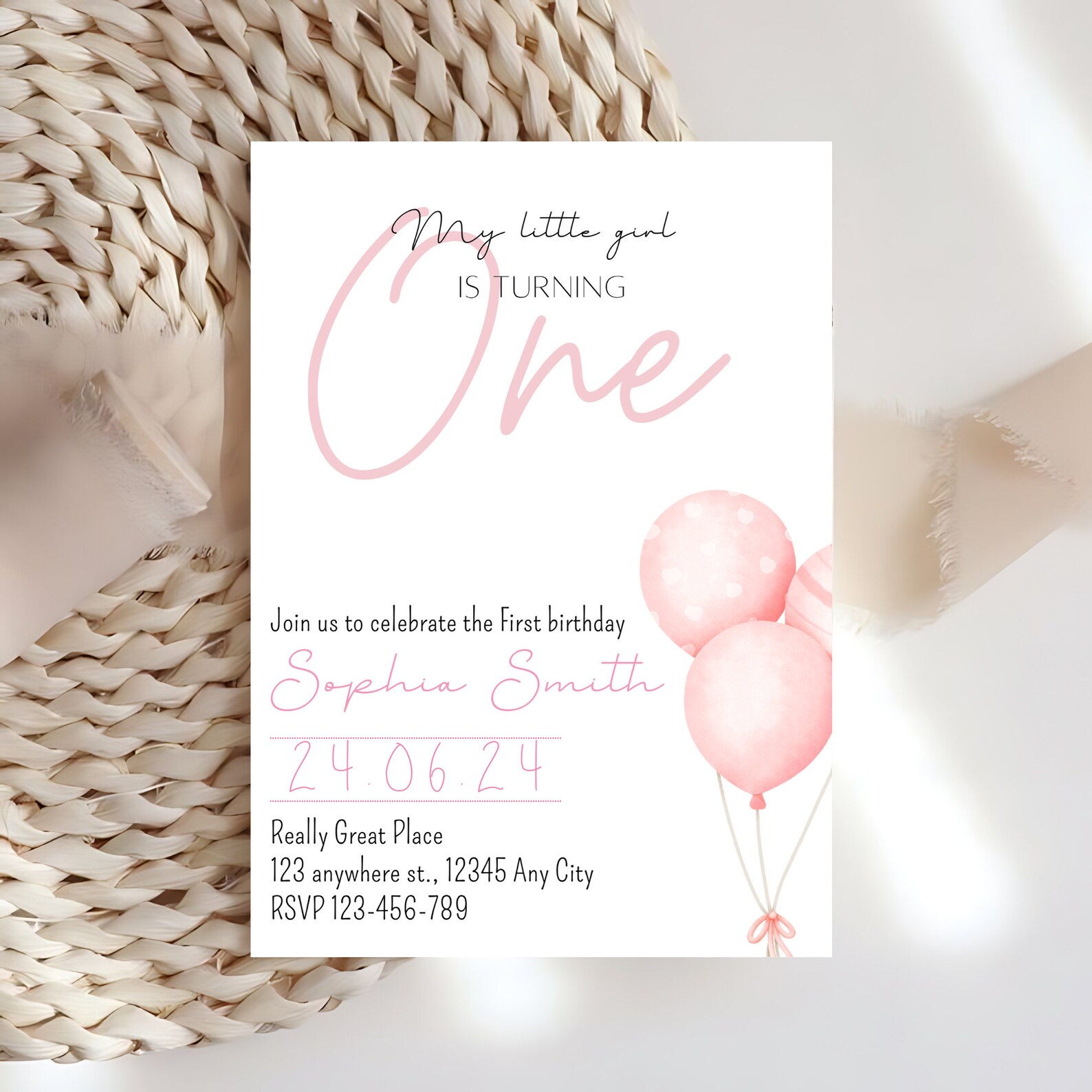 Ballons One Birthday Invitation Template | 1st Birthday| Kids Minimal ...