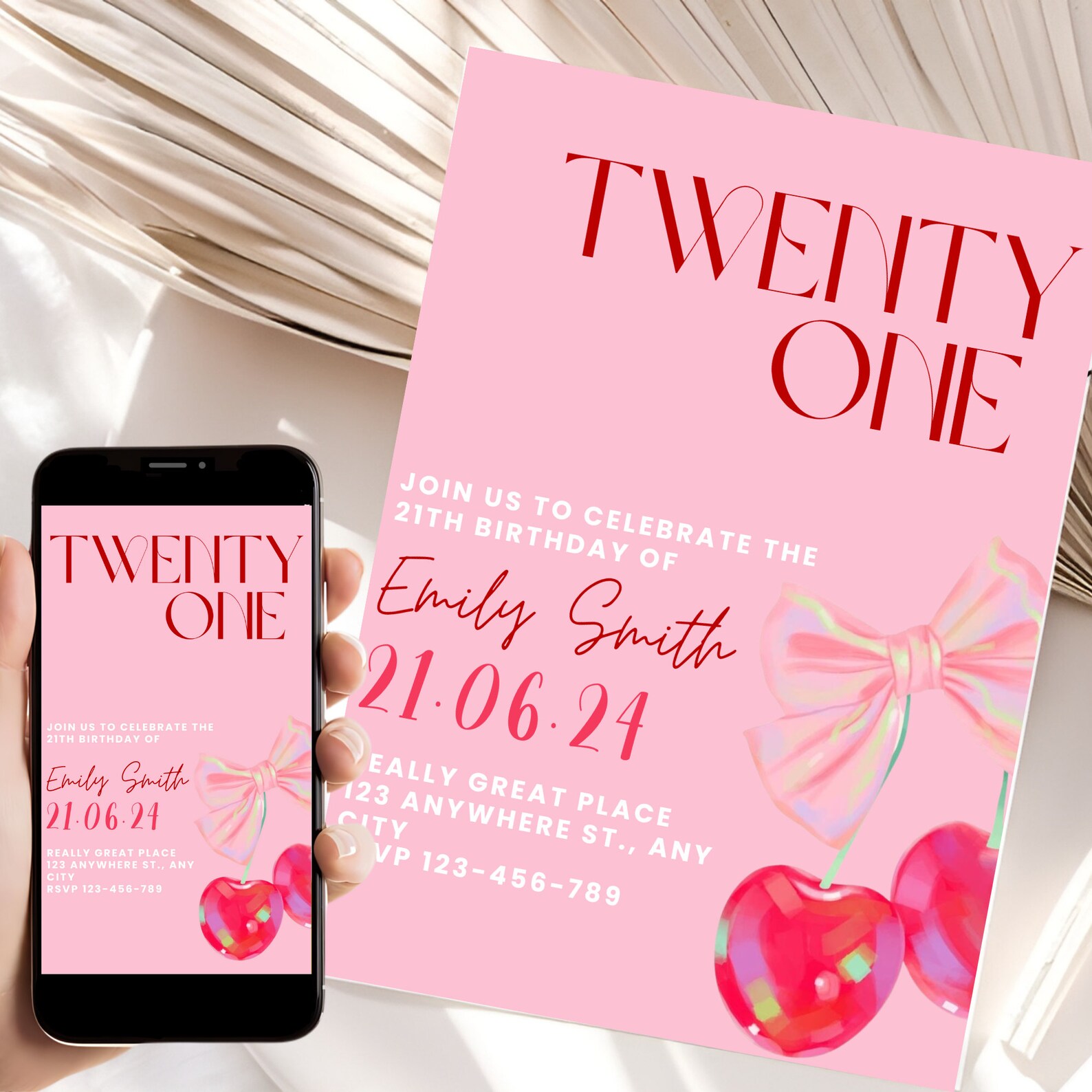 Minimalist Cherry Birthday Invitation, Fancy Pink, Twenties Invitation ...