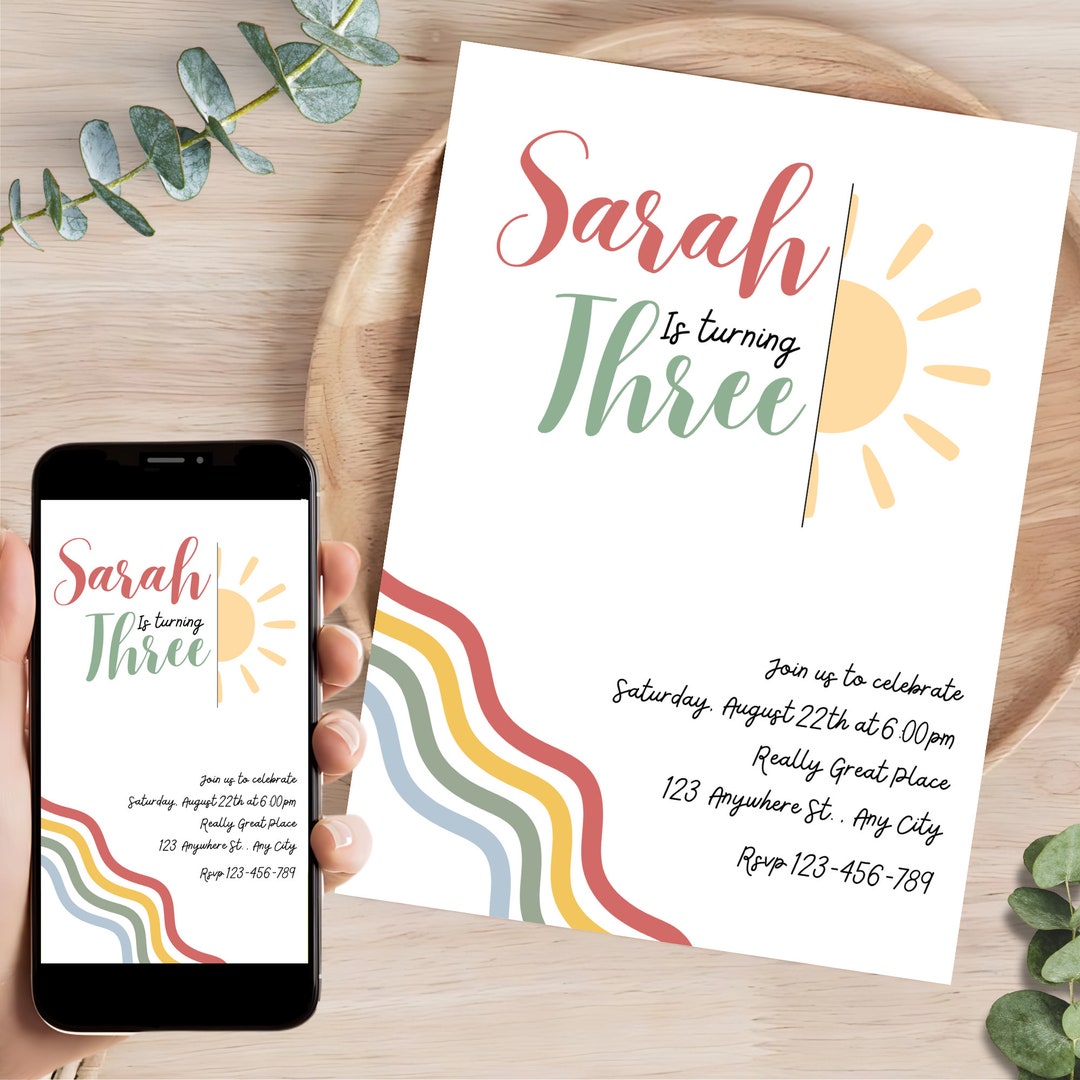 Rainbow Sunshine Birthday Invitation Template | 3rd Birthday | Minimal ...