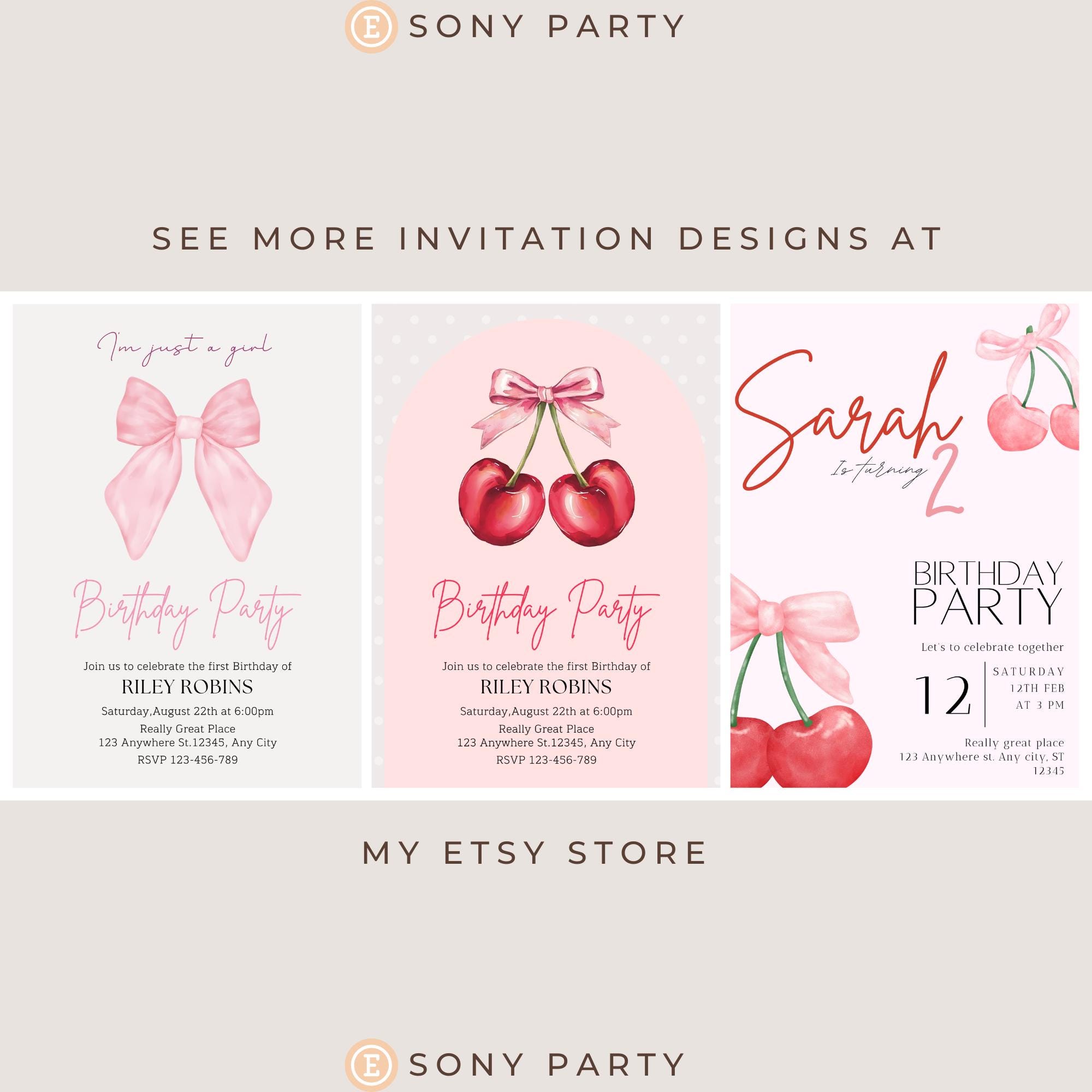 Pink Ribbon Minimal Birthday Invitation Template Coquette First ...