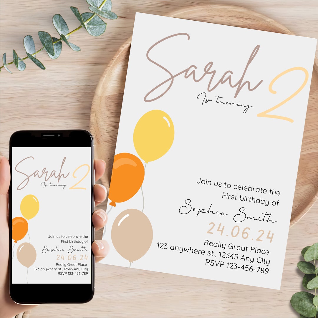 Ballons Two Birthday Invitation Template | 2nd Birthday| Kids Yellow ...