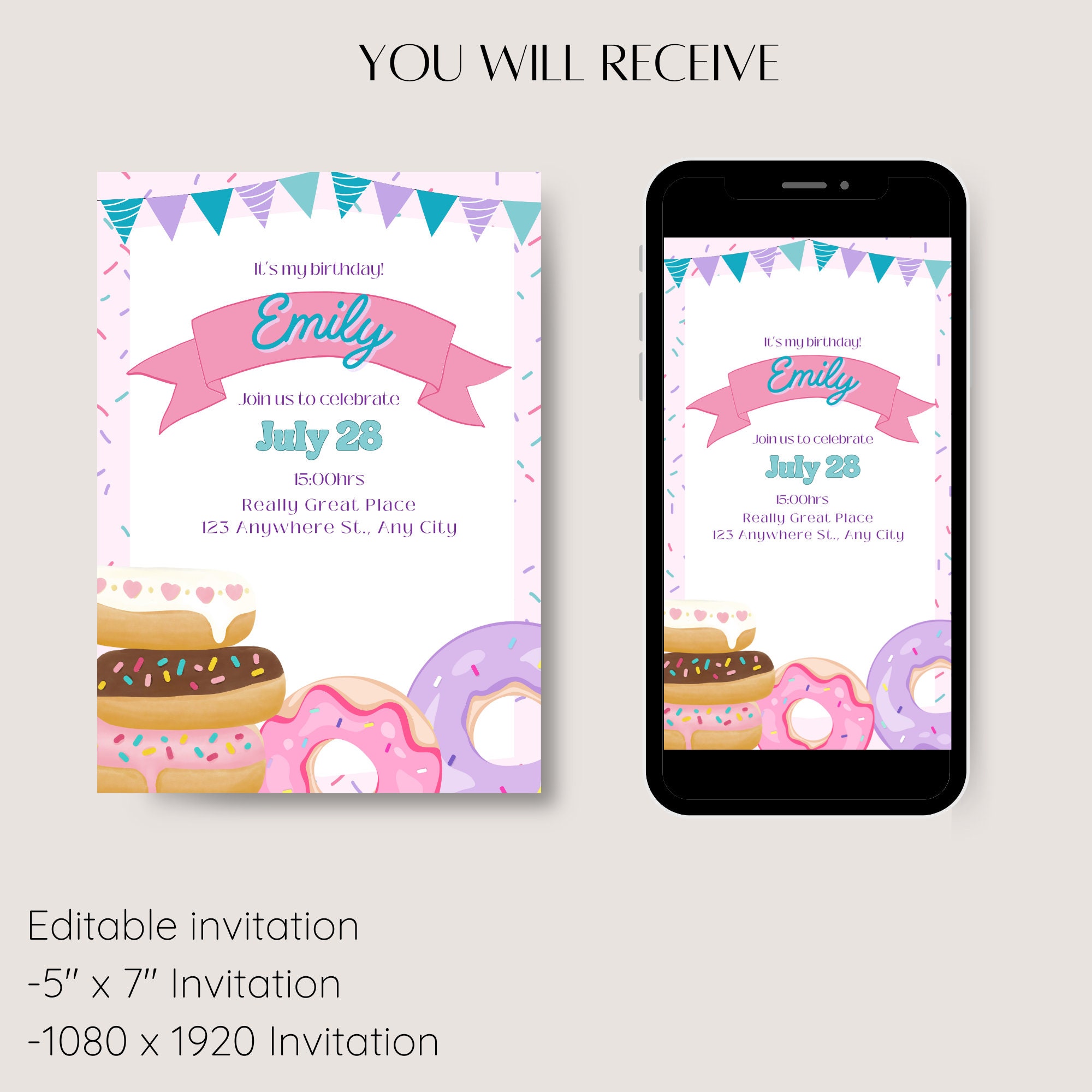 Donuts Sweet Birthday Invitation Template | Donut Party | Kids Minimal ...