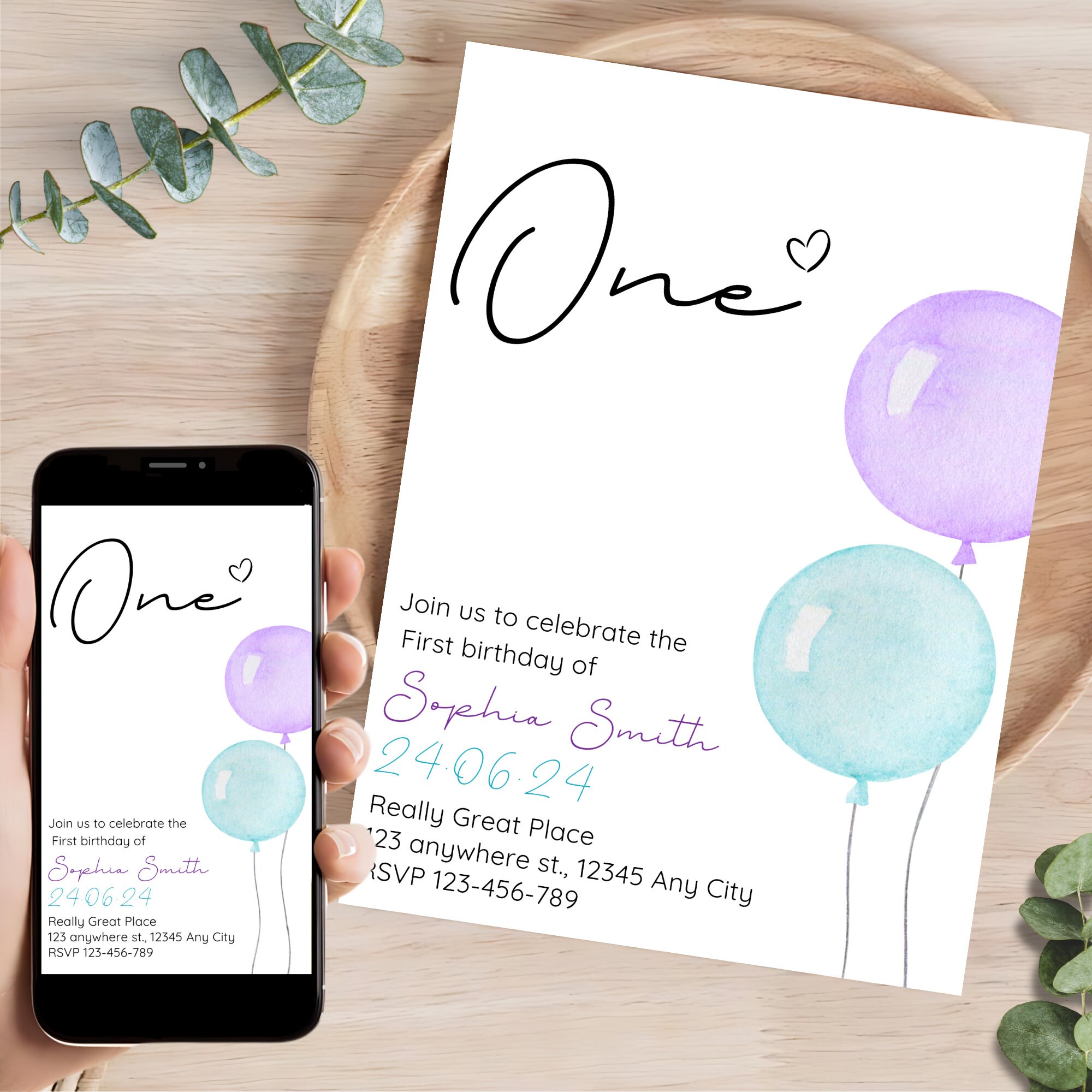 Ballons One Birthday Invitation Template | 1st Birthday| Kids Minimal ...